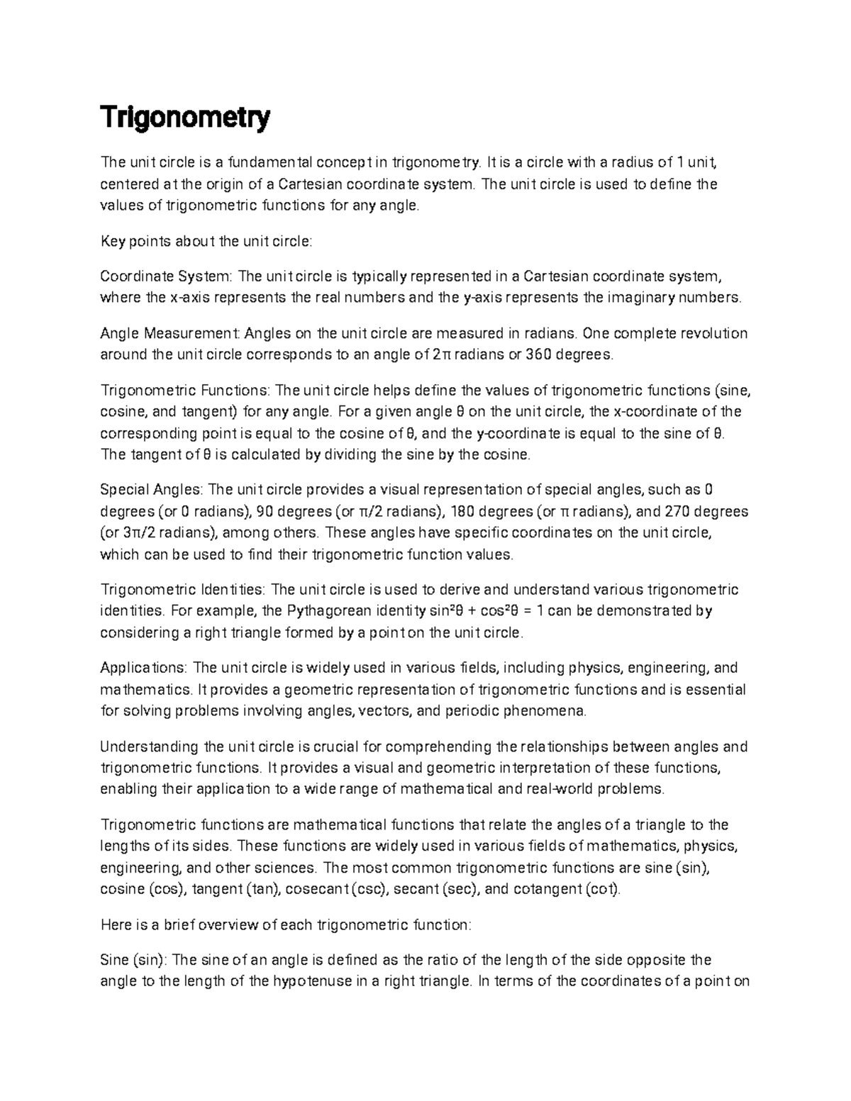 Trigonometry-1 - Notes - Trigonometry The unit circle is a fundamental ...