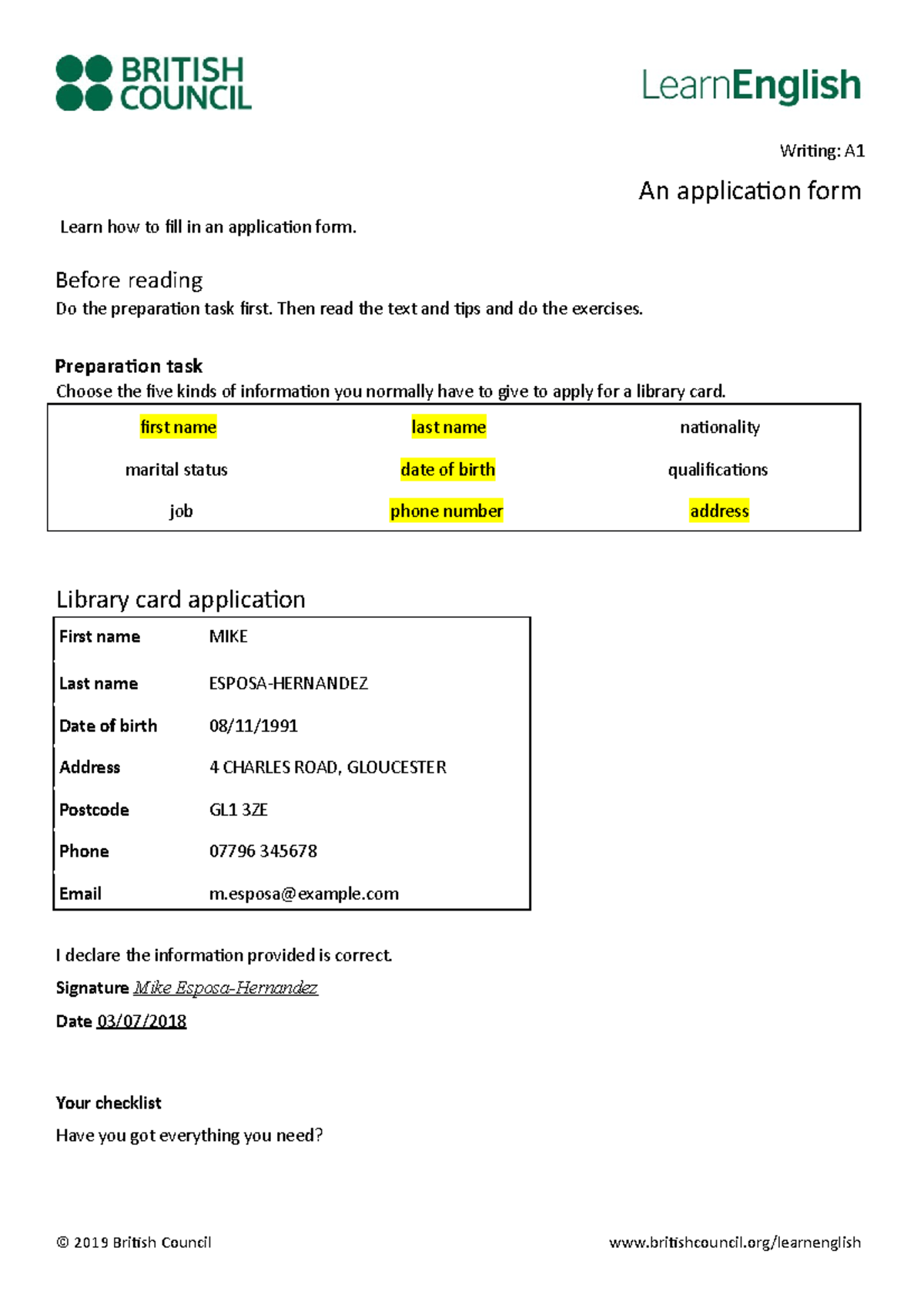 Learn English-Writing-A1-An-application-form Robin Ventura - Writing: A ...