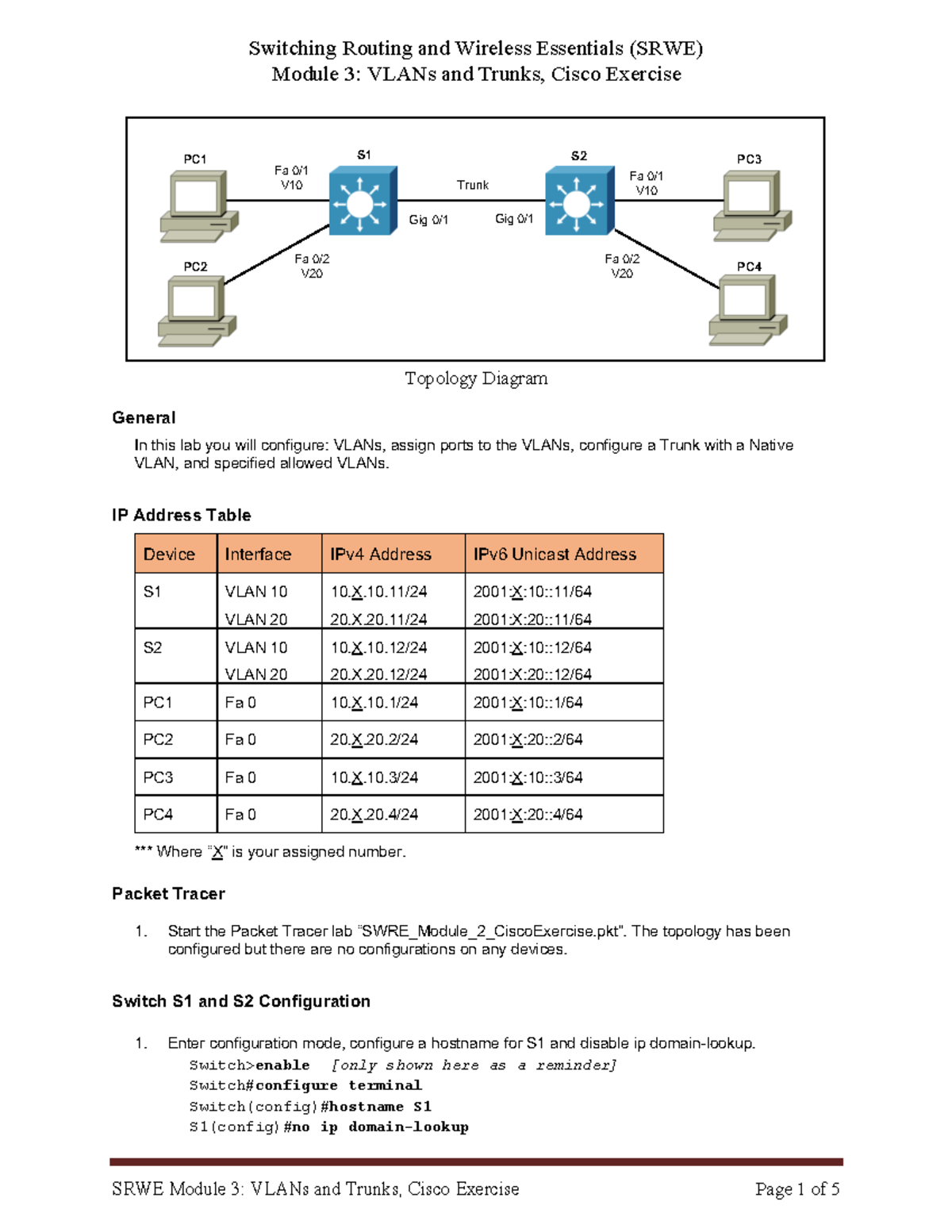 SRWE Module 3 VLANs-Trunks Cisco Exercise Instructions - Module 3 : VLANs and Trunks, Cisco ...