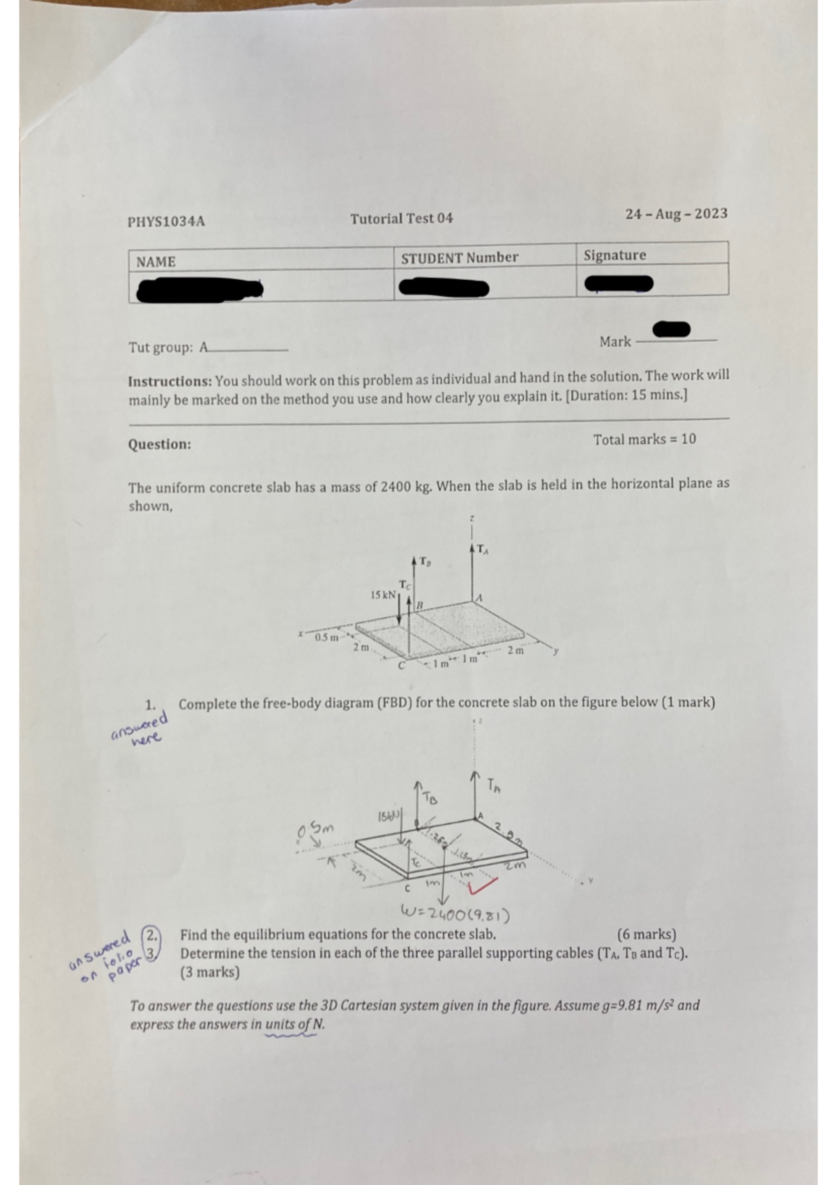 PHYS1034 Tut Test 4 - Past Paper - PHYS1035 - Studocu