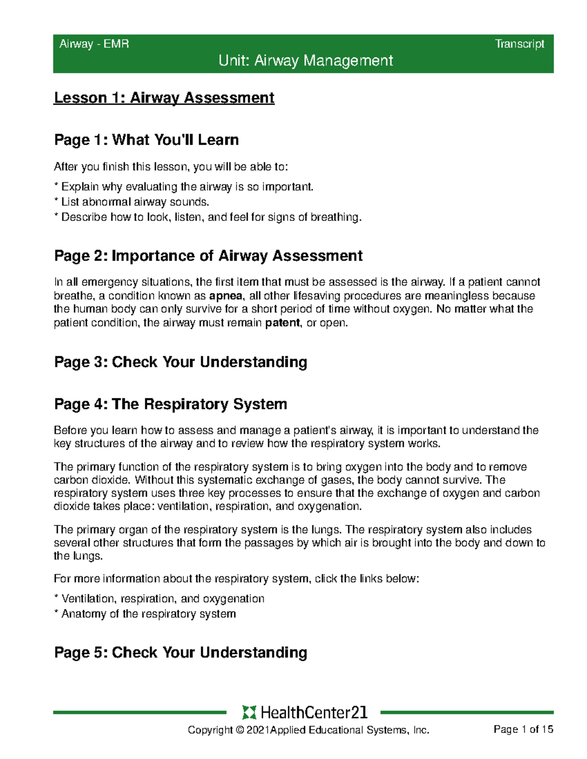 Airway unit 1 lesson - emt - Lesson 1: Airway Assessment Page 1: What ...