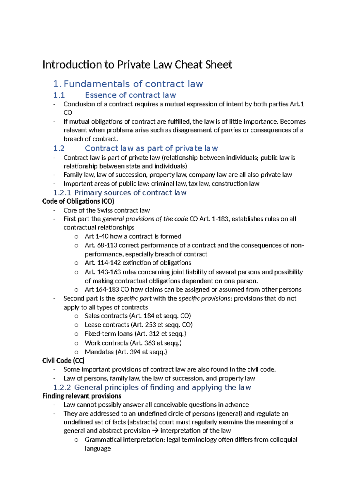 Introduction to Private Law Cheat Sheet - Fundamentals of contract law ...