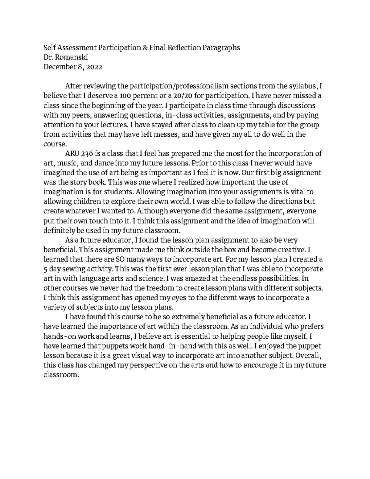 Art Self Reflection-2 - romanski - Self Assessment Participation ...