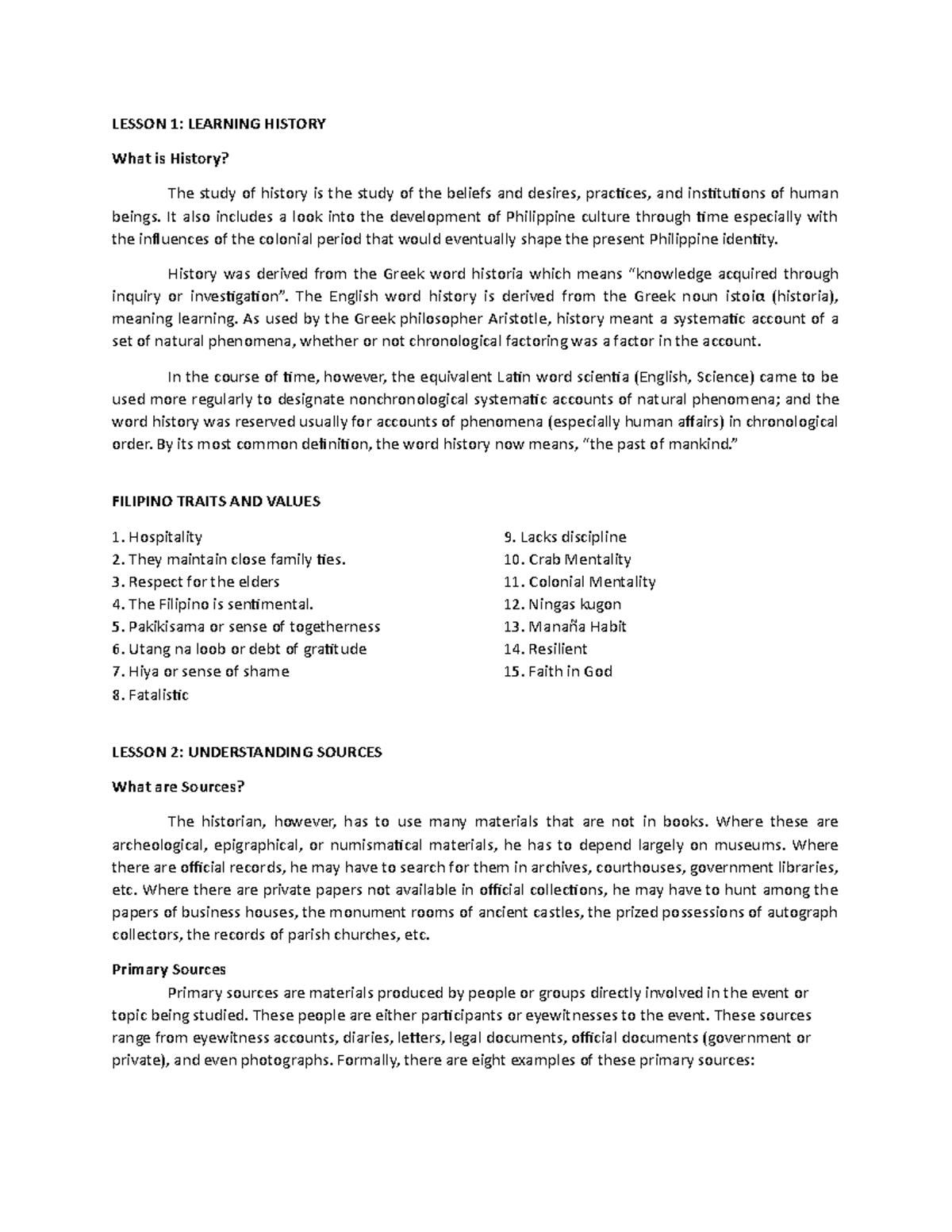 Lesson 1-6 - RPH - LESSON 1: LEARNING HISTORY What is History? The ...