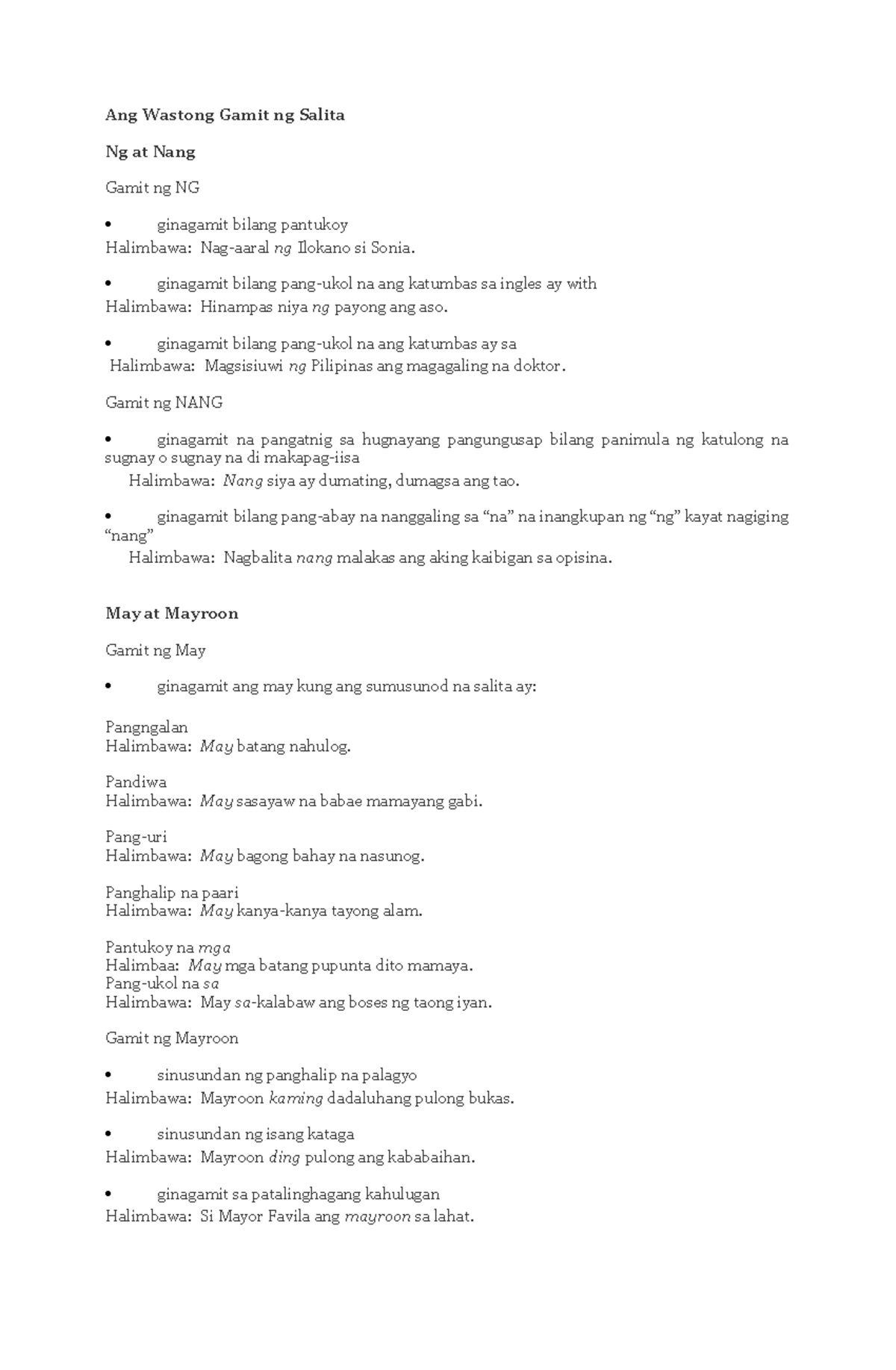 Filipino Review Notes - Ang Wastong Gamit ng Salita Ng at Nang Gamit ng ...