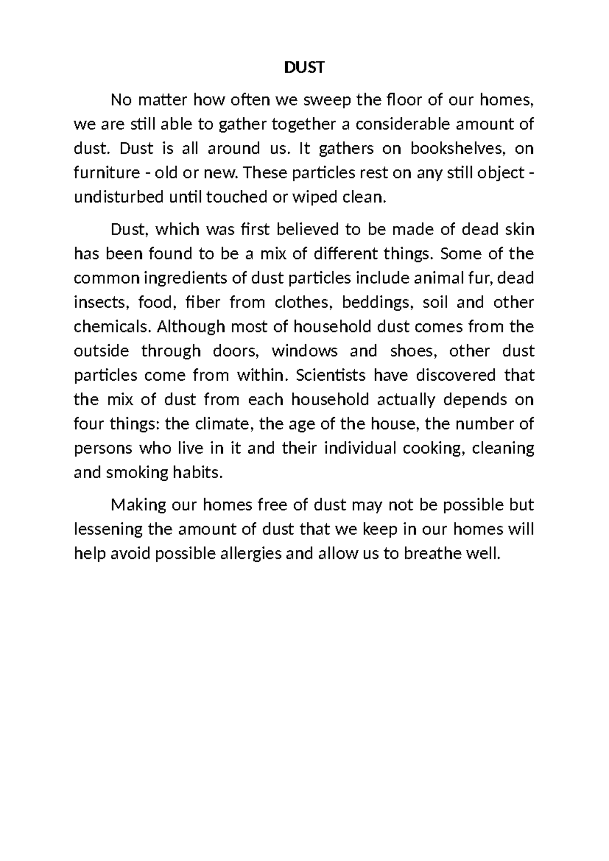 DUST- phil iri g9 - DUST No matter how often we sweep the floor of our ...