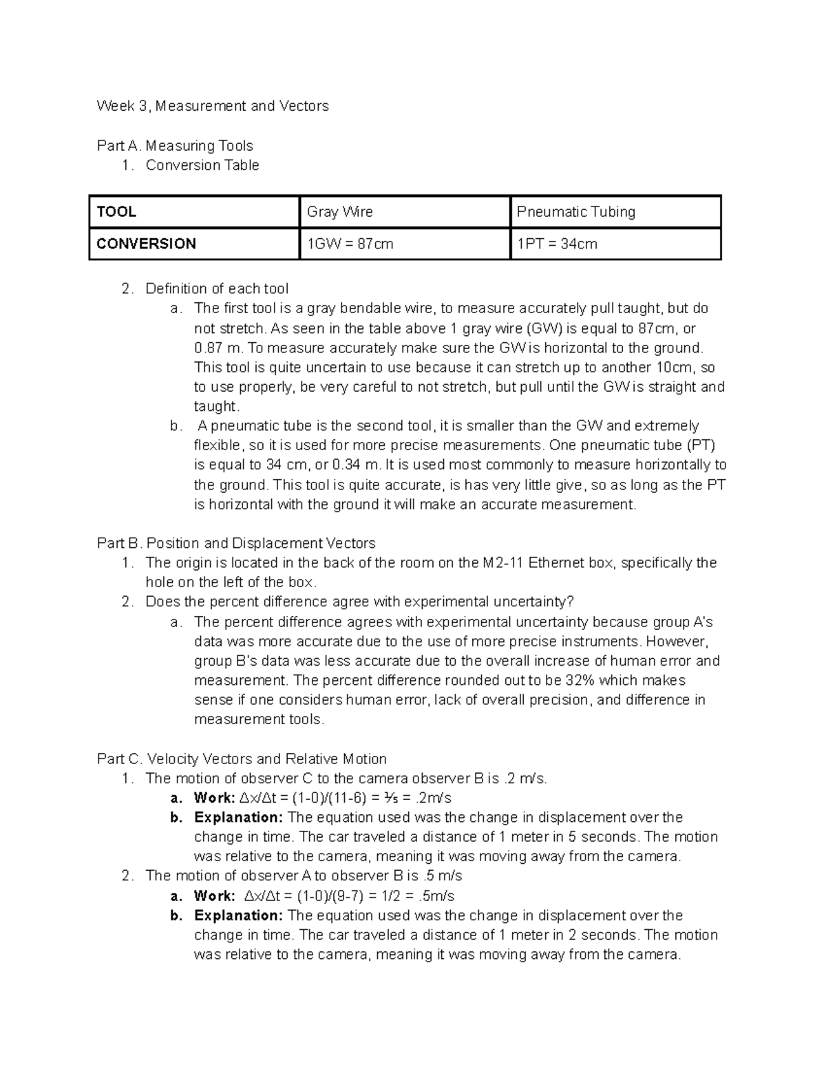Physics Lab 3 - Lab Report. - Week 3, Measurement and Vectors Part A ...