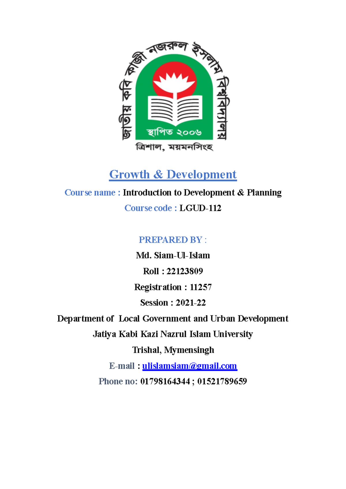 Growth and development - Growth & Development Course name ...