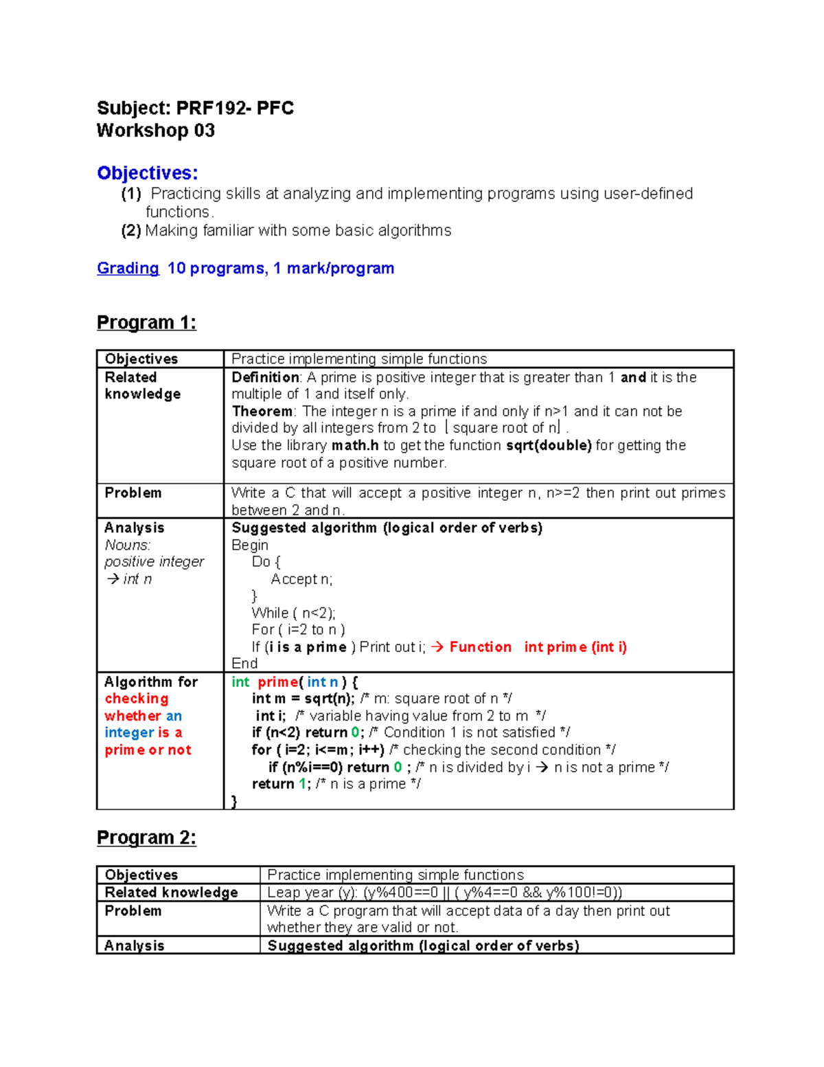 Workshop 03 - Subject: PRF192- PFC Workshop 03 Objectives: (1) Practicing skills at analyzing ...