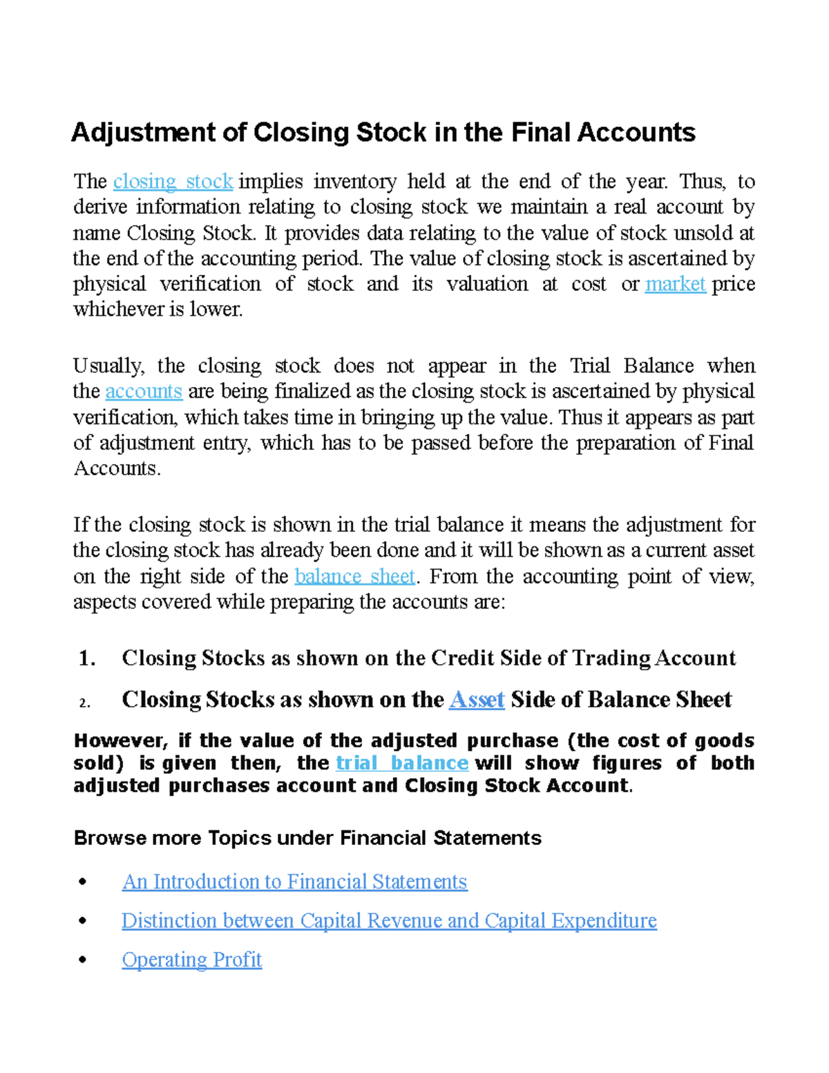 Adjustment of Closing Stock in the Final Accounts - Thus, to derive ...