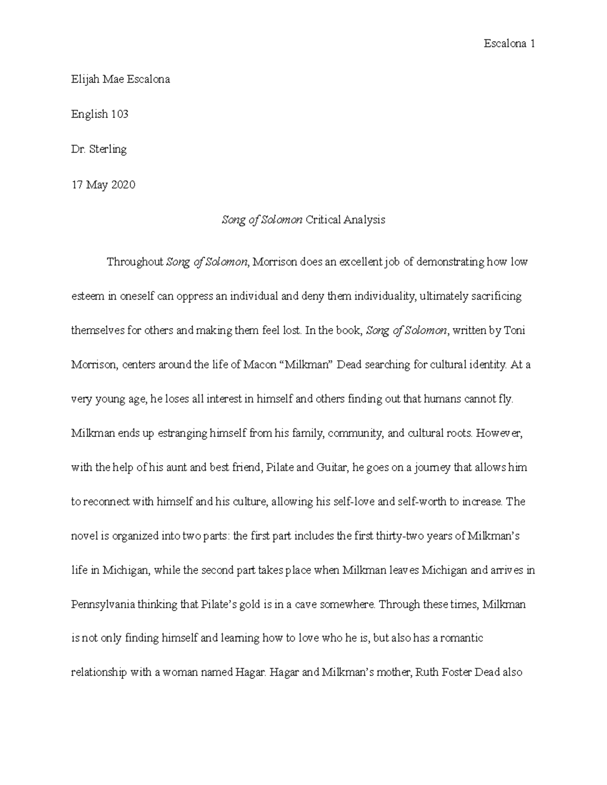Song of Solomon Critical Analysis - Escalona 1 Elijah Mae Escalona ...