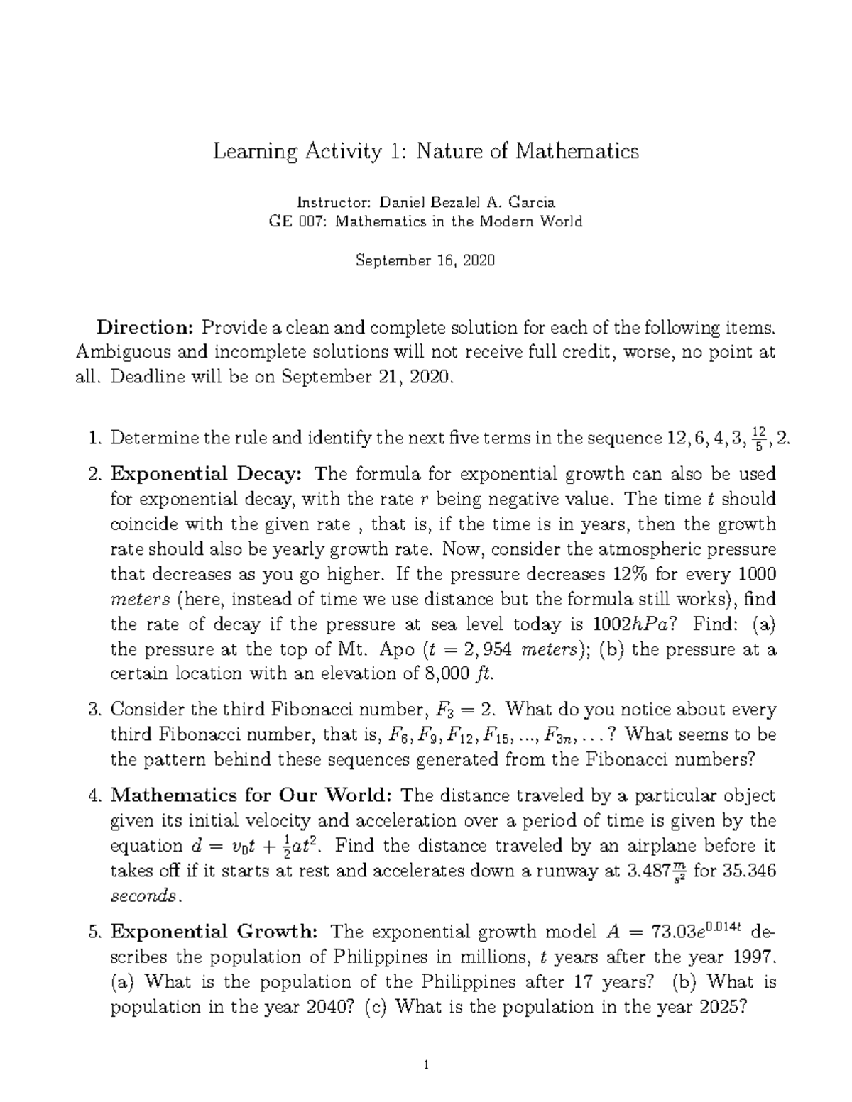 GE007 Learning Activity 1 - Mathematics in the Modern World - PangSU ...