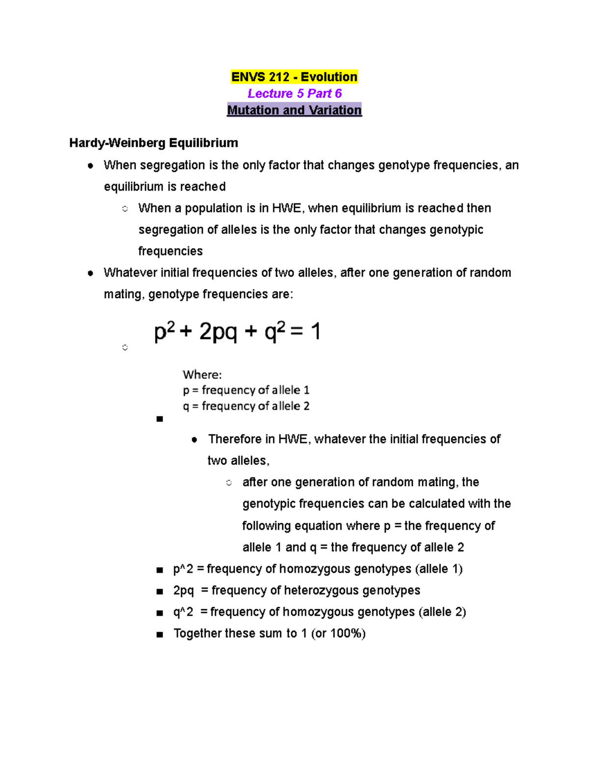 ENVS 212 Lecture 5 Part 6 - Spring 2020 - ENVS 212 - Evolution Lecture 5 Part 6 Mutation and ...