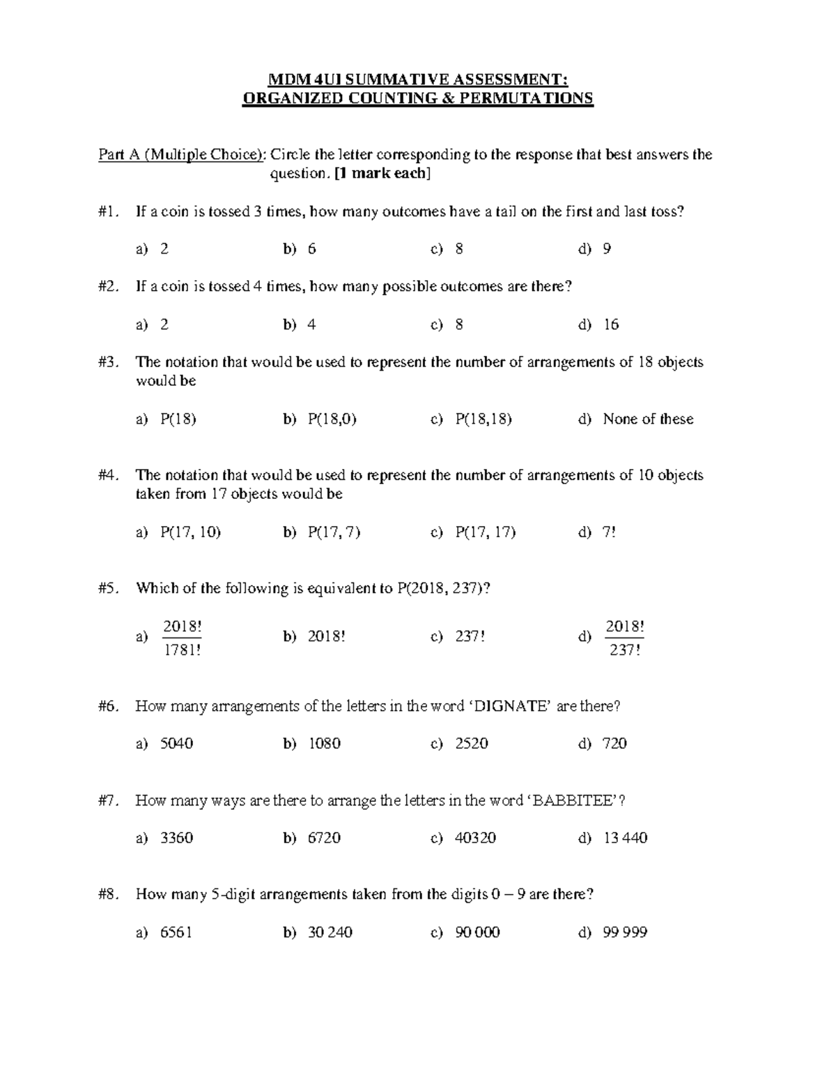 Unit 1 Permutations Summative Assessment - MDM 4UI SUMMATIVE ASSESSMENT: ORGANIZED COUNTING ...