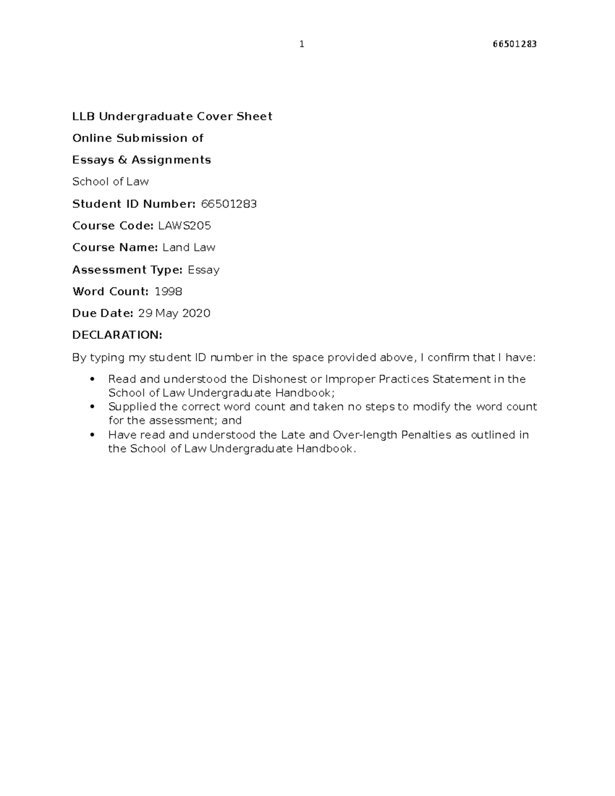 Land Law Essay - 17/20 - LLB Undergraduate Cover Sheet Online ...