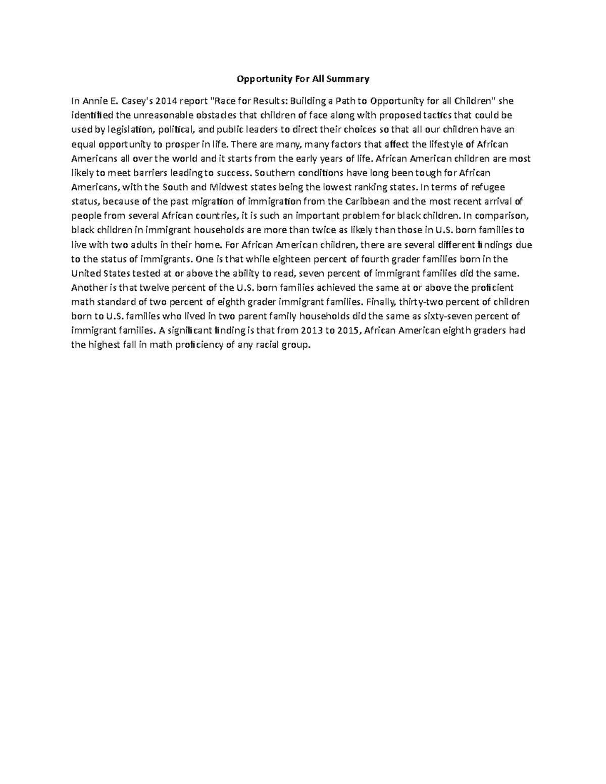 Opportunity For All Summary - Casey's 2014 report "Race for Results ...