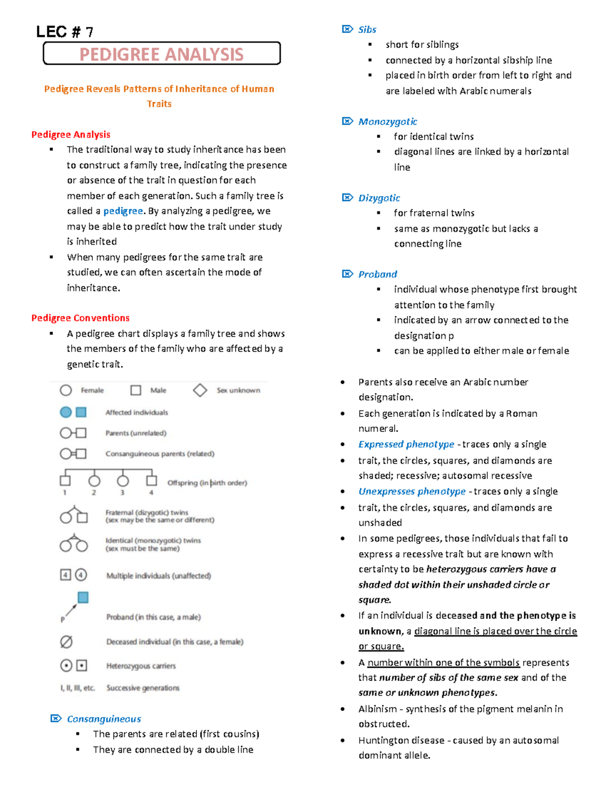 10 Pedigree Analysis converted - LEC # 7 PEDIGREE ANALYSIS Pedigree ...