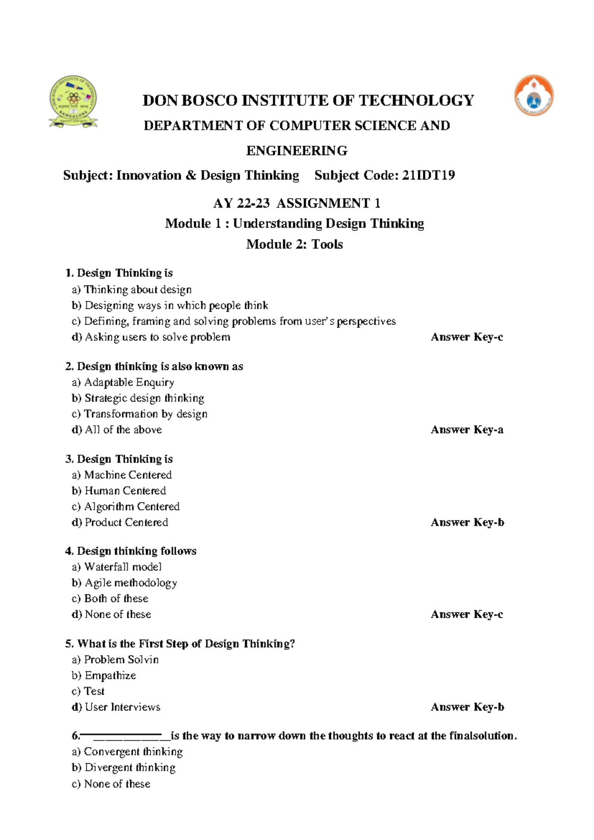 IDT- Assignment 1 22-23 - DON BOSCO INSTITUTE OF TECHNOLOGY DEPARTMENT ...