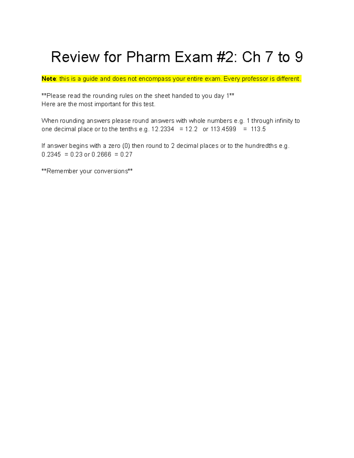 Review for Pharm Exam #2 Chapters 7 to 9 - Review for Pharm Exam #2: Ch 7 to 9 Note : this is a ...