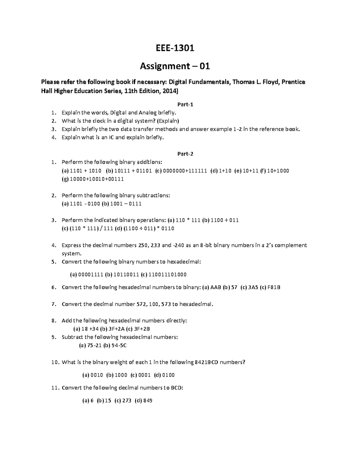 Assignment 1 - EEE- Assignment – 01 Please refer the following book if necessary: Digital - Studocu