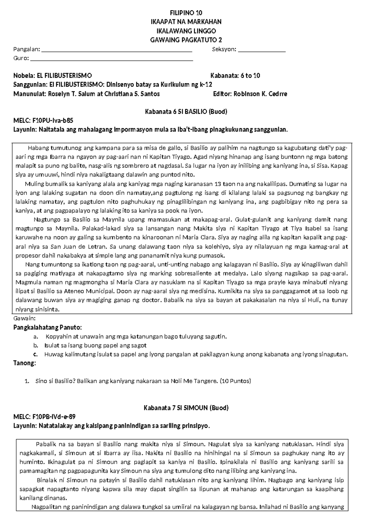 LAS Q4 WEEK 2 KAB - filp kabanata - FILIPINO 10 IKAAPAT NA MARKAHAN IKALAWANG LINGGO GAWAING ...