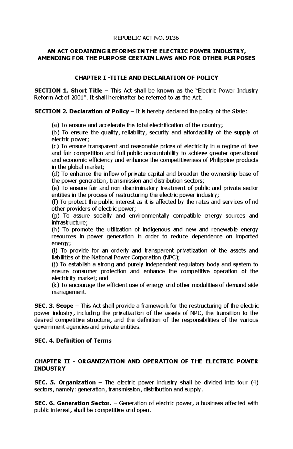 R.A 9136 Electric Power Industry Reform Act - REPUBLIC ACT NO. 9136 AN ...