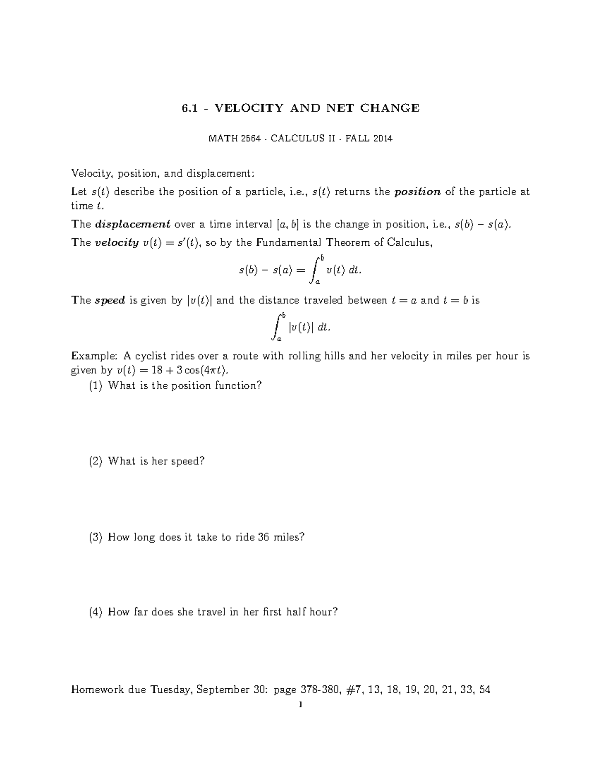 Outline 6 1 - Lecture notes 6-1 - 6 - VELOCITY AND NET CHANGE MATH 2564 ...