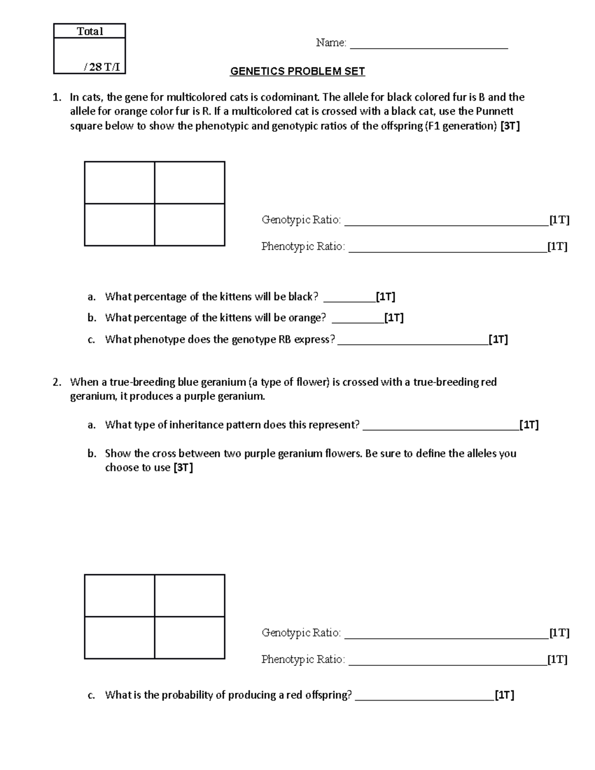 02 Genetics Problem Set - Name: ___________________________ GENETICS ...