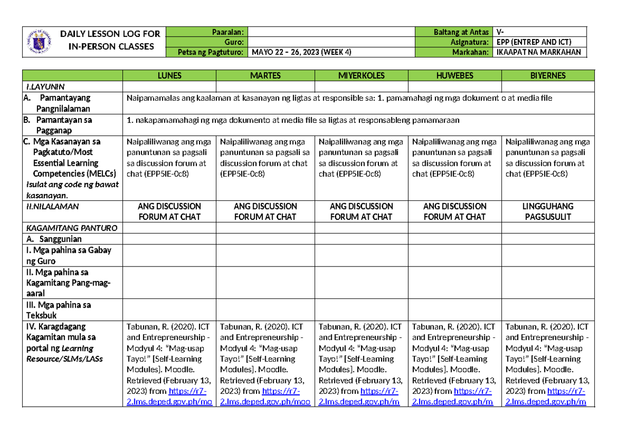 EPP-ICT 5 WEEK 4 - cot - DAILY LESSON LOG FOR IN-PERSON CLASSES ...