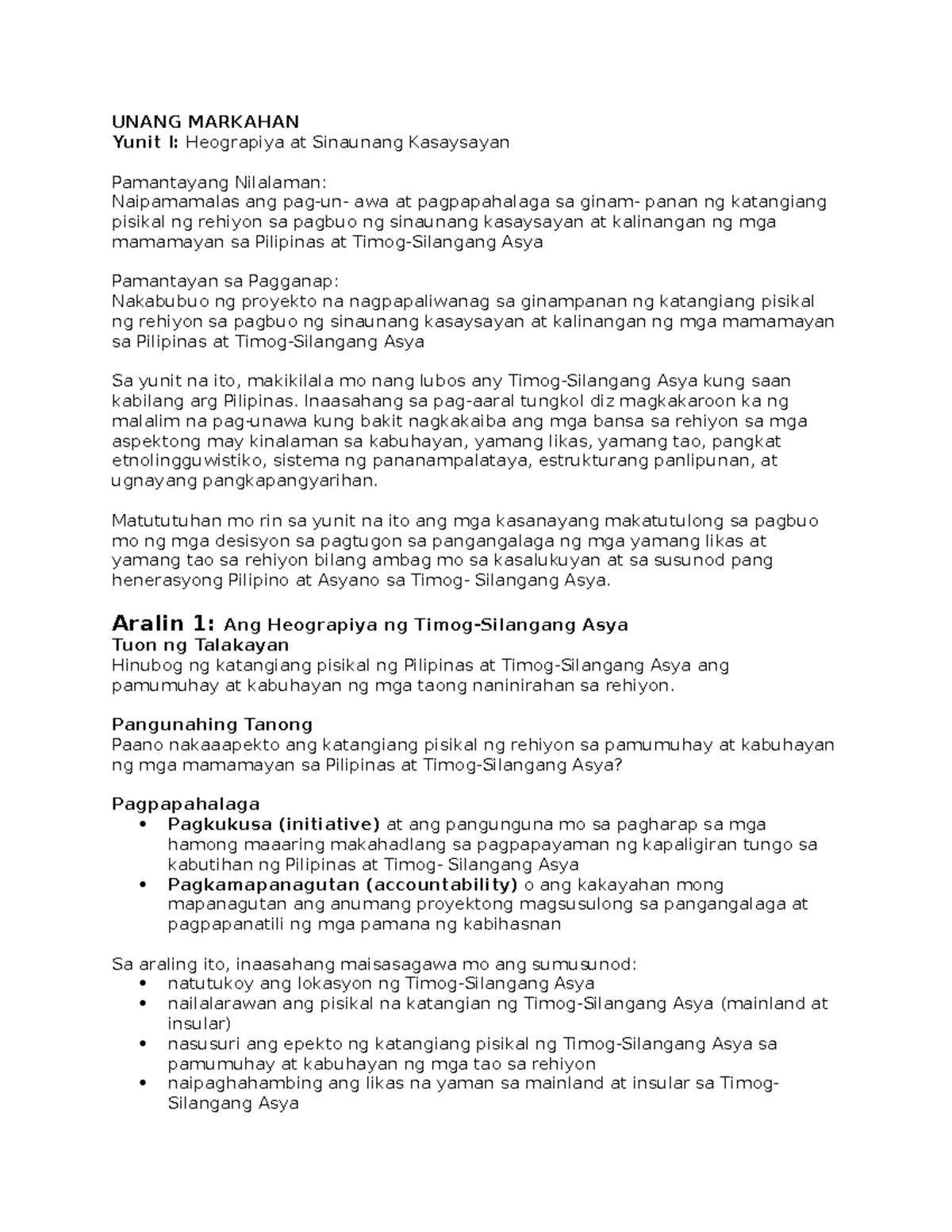 AP 7 - Grade 7 - UNANG MARKAHAN Yunit I: Heograpiya at Sinaunang Kasaysayan Pamantayang ...