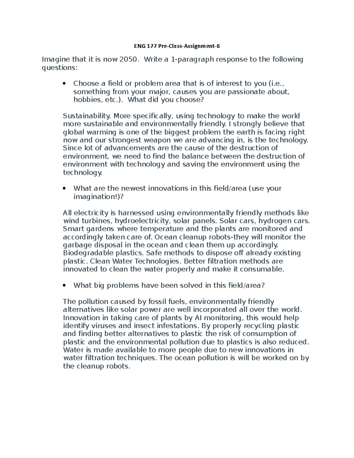 ENG 177 Pre Assignment 6 - ENG 177 Pre-Class-Assignment- Imagine that ...