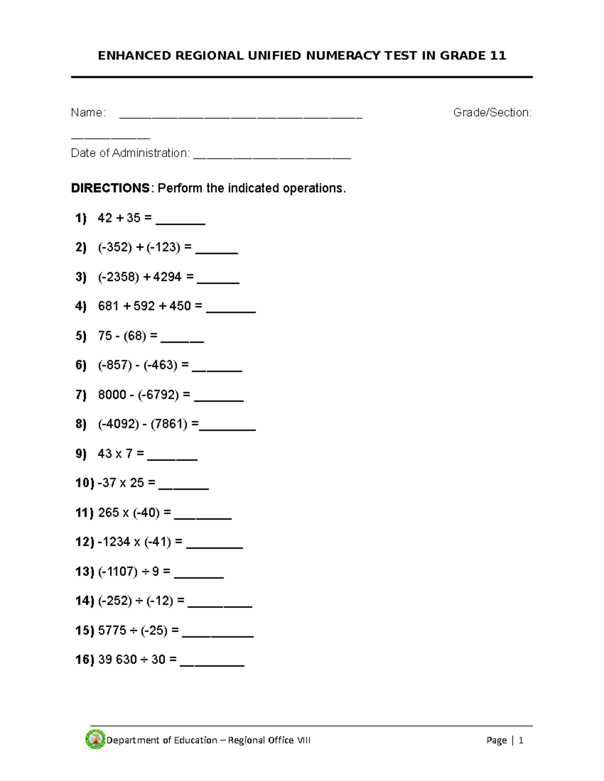 Grade 11 Final Erunt Pretest - ENHANCED REGIONAL UNIFIED NUMERACY TEST ...