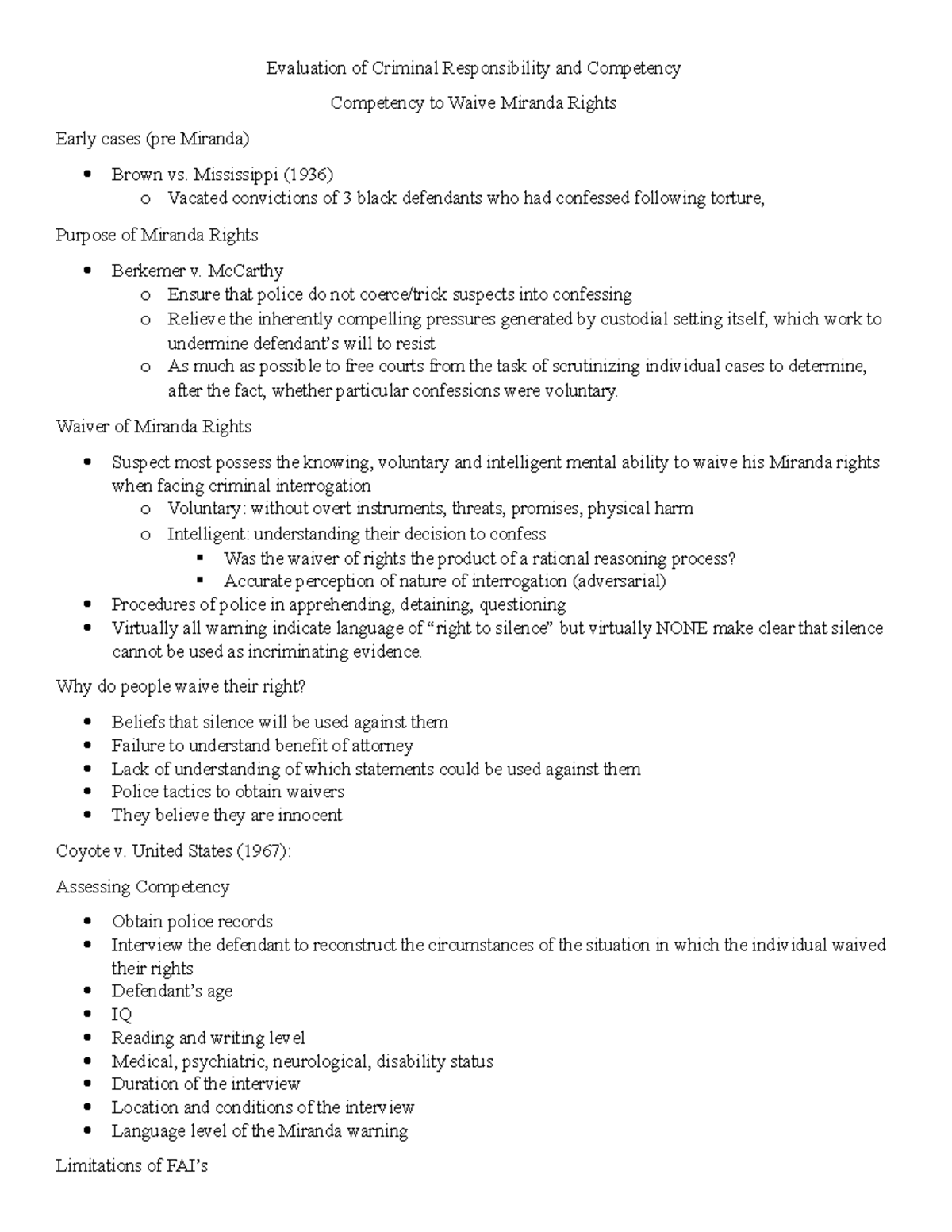 Competency of Miranda Warnings - Evaluation of Criminal Responsibility ...