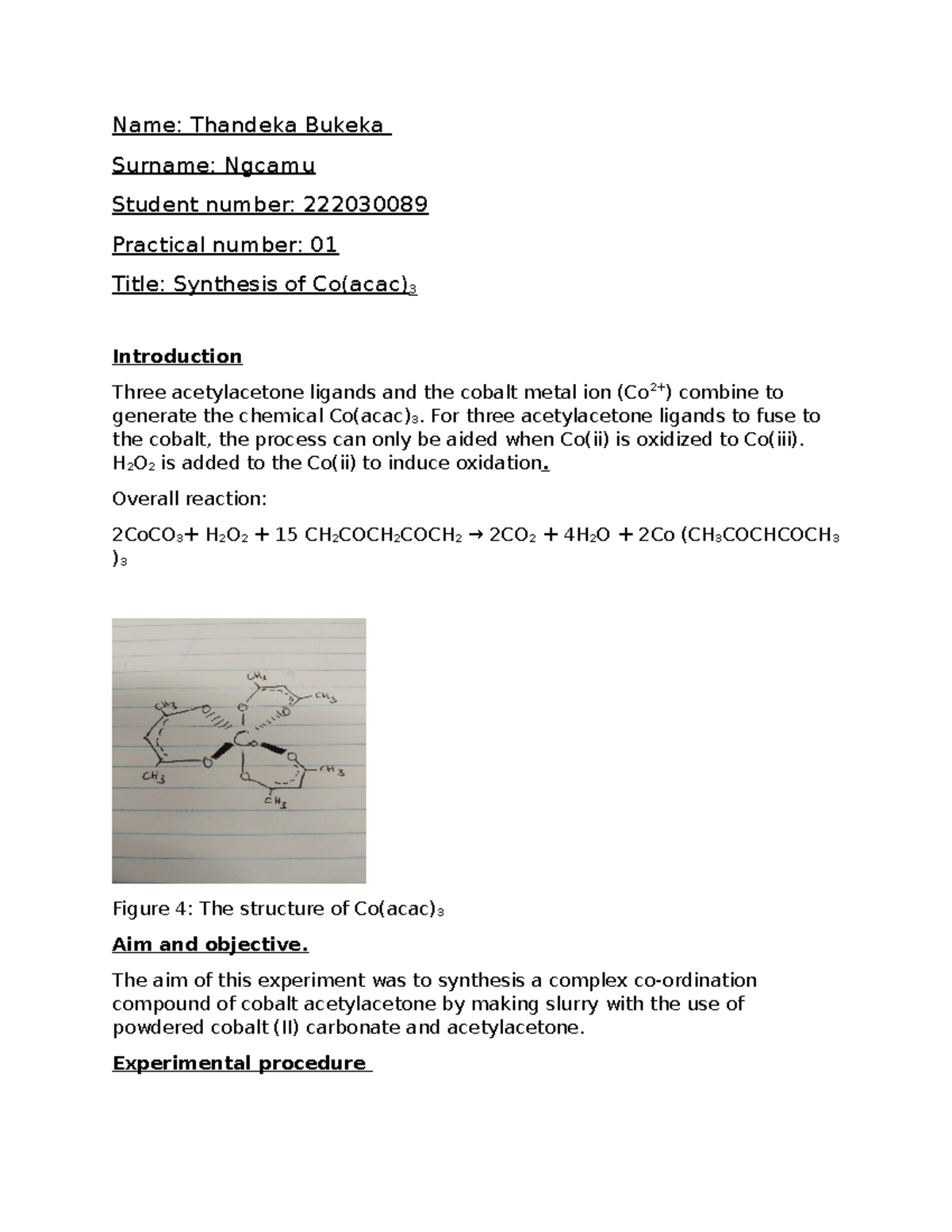Chem310prac1 - report - Name: Thandeka Bukeka Surname: Ngcamu Student ...