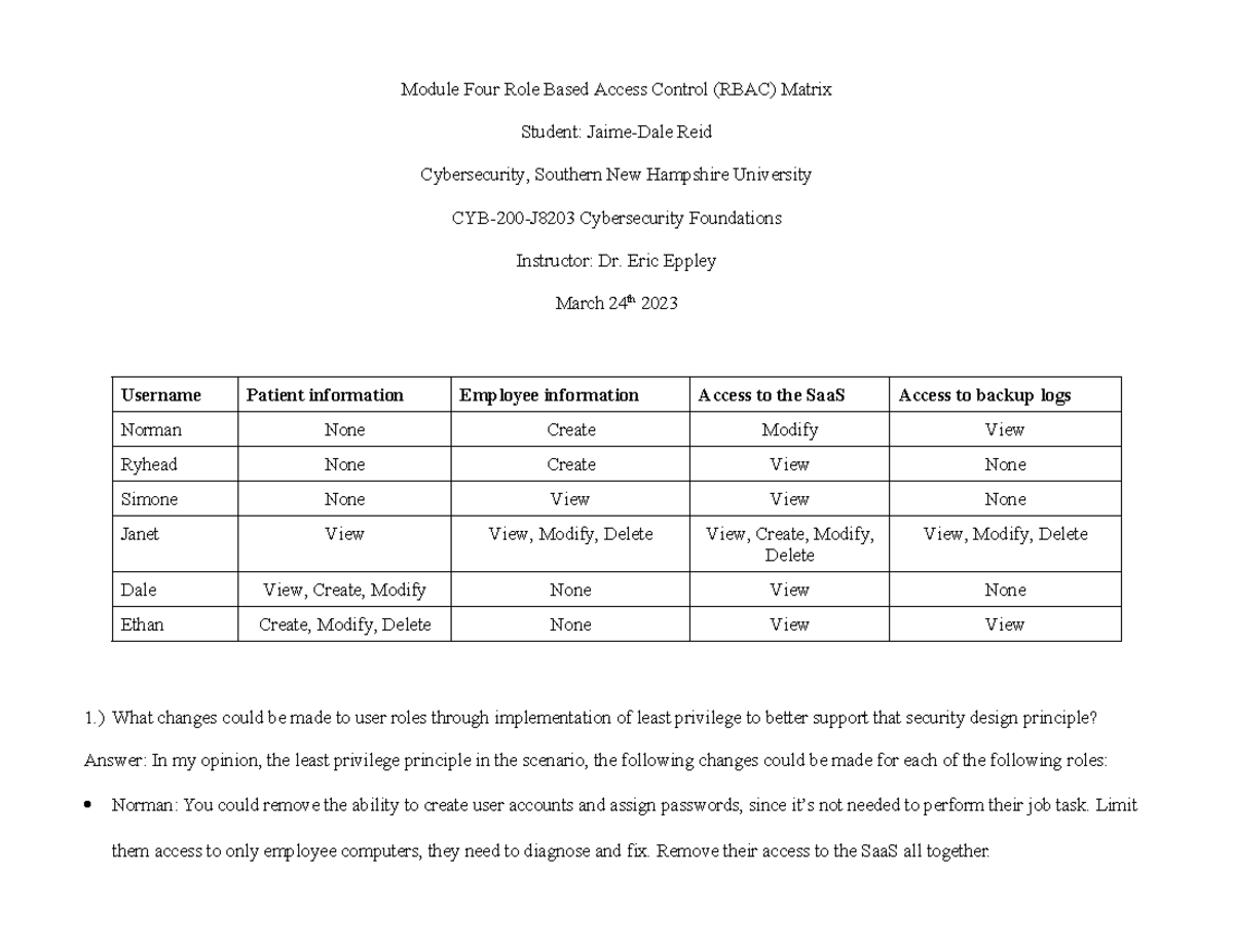 CYB 200 4-3 Foundations - Module Four Role Based Access Control (RBAC ...