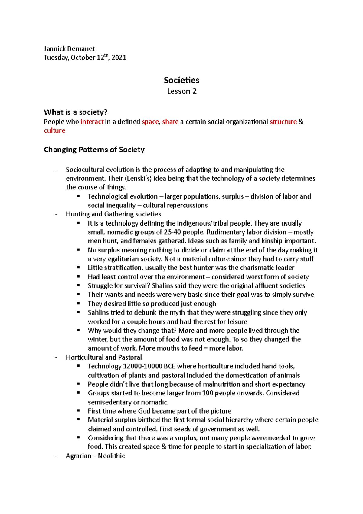 Lesson II - Sociology Lecture Notes - Jannick Demanet Tuesday, October ...
