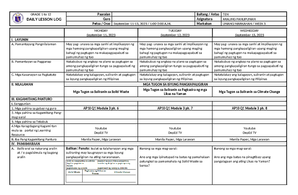 DLL AP10 Q1 W3 - Araling Panlipunan Dll - GRADE 1 to 12 DAILY LESSON LOG Paaralan Baitang ...
