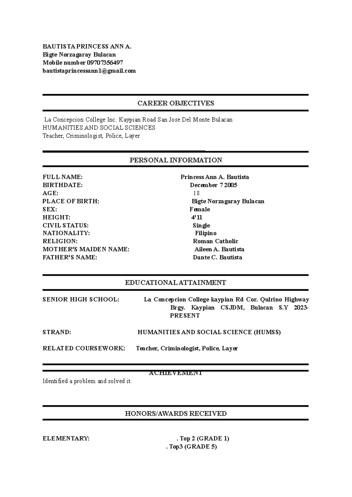 WORK Immersion Resume Template - BAUTISTA PRINCESS ANN A. Bigte ...