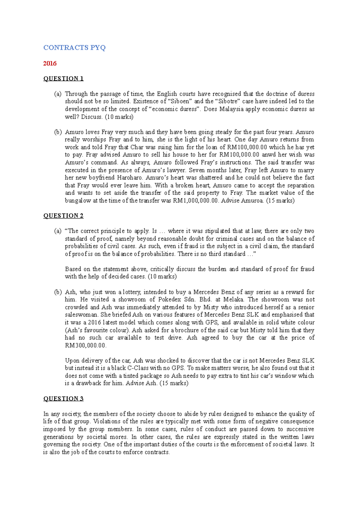 Contracts PYQ what what what what what - Contract Law II - MMU - Studocu