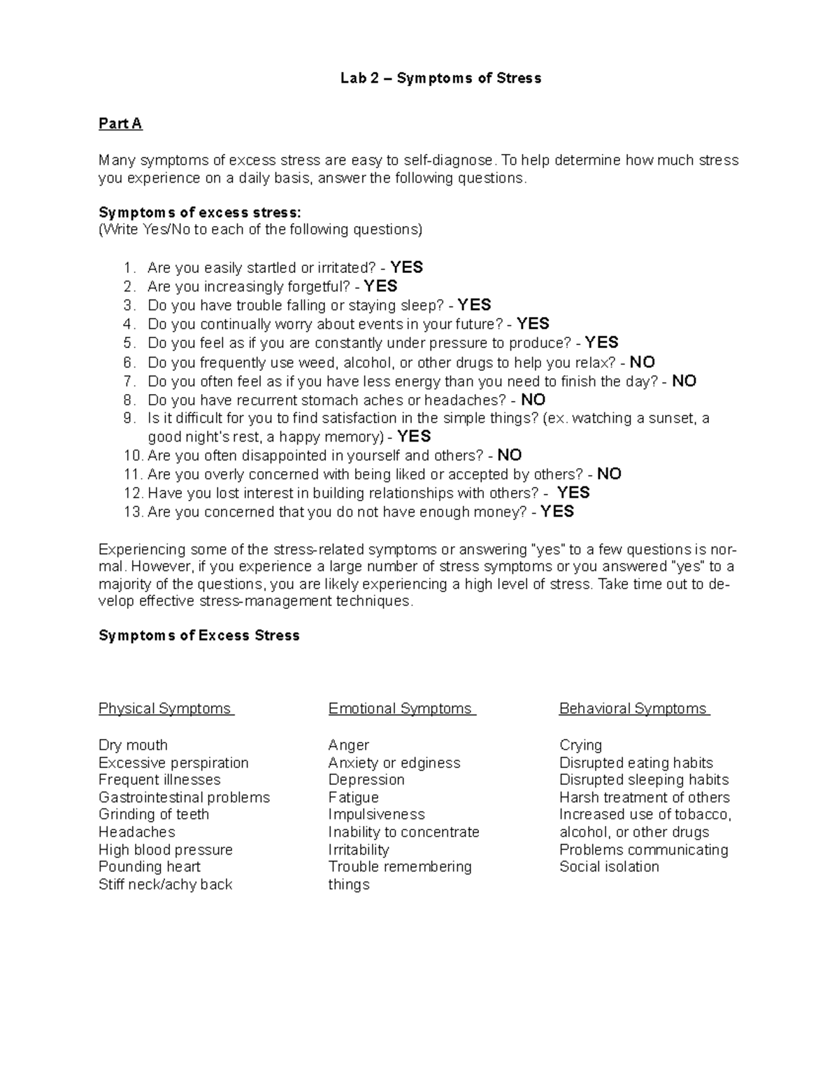 Lab 2 - Symptoms of Stress - Lab 2 – Symptoms of Stress Part A Many ...