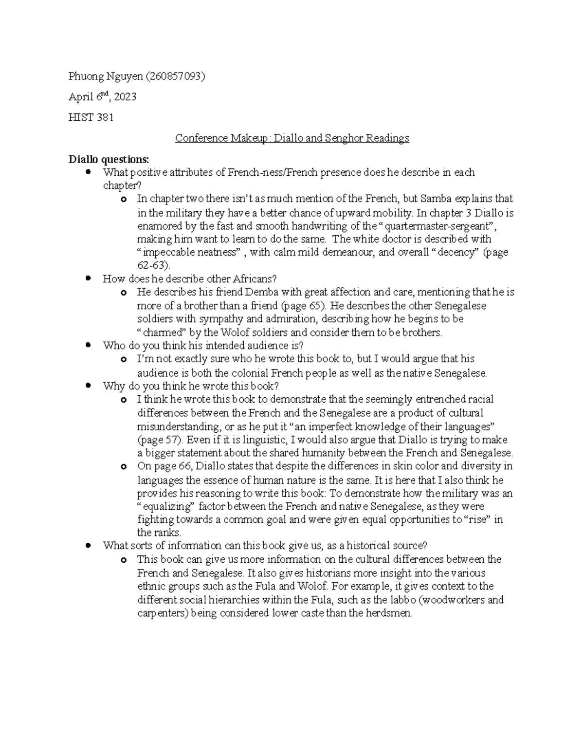 HIST 381 Conference Diallo and Senghor - Phuong Nguyen (260857093 ...