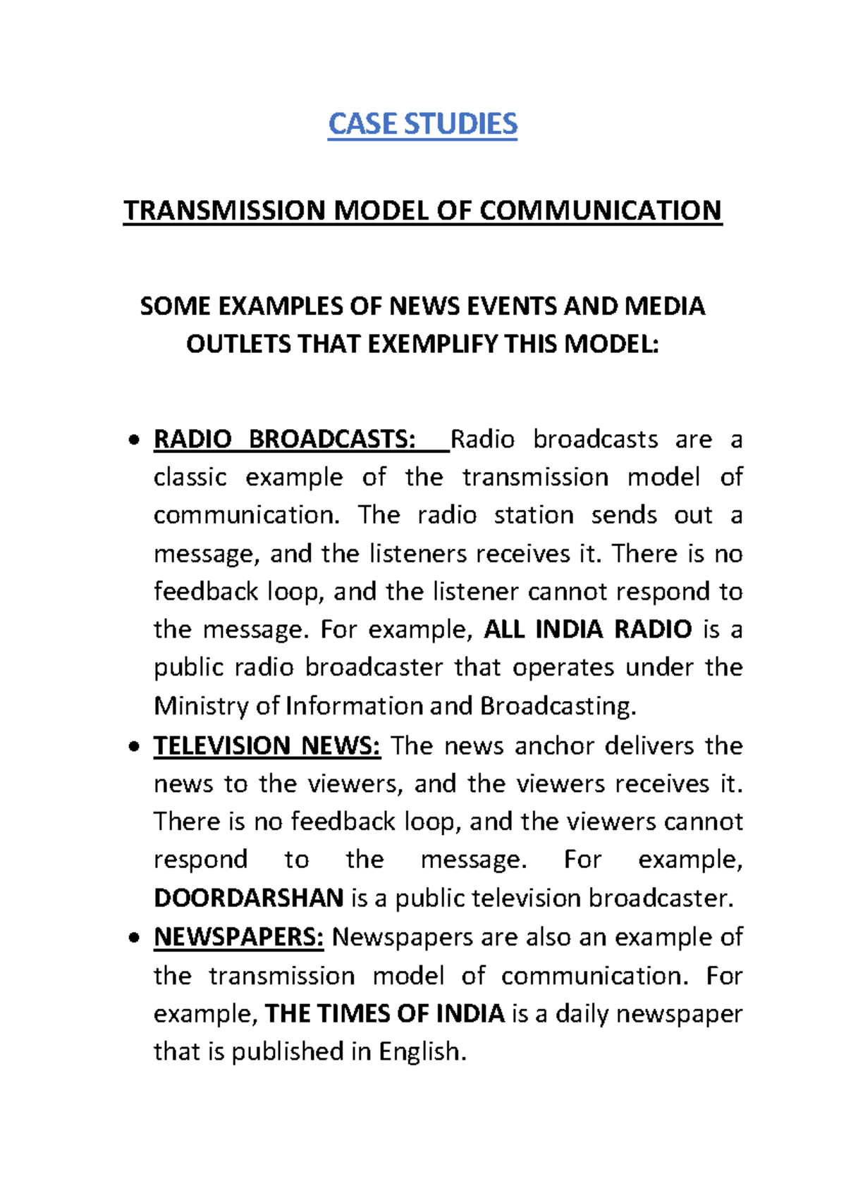 INTRODUCTION TO MEDIA AND COMMUNICATION - CASE STUDIES TRANSMISSION ...