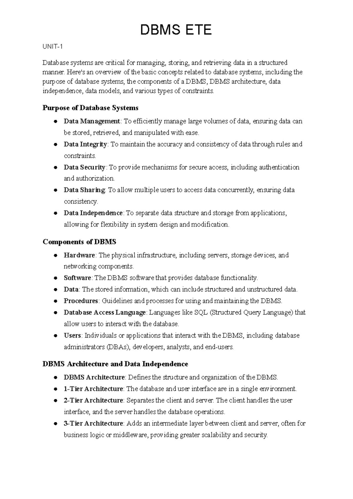 Dbms-ete - very imp - UNIT- Database systems are critical for managing, storing, and retrieving ...