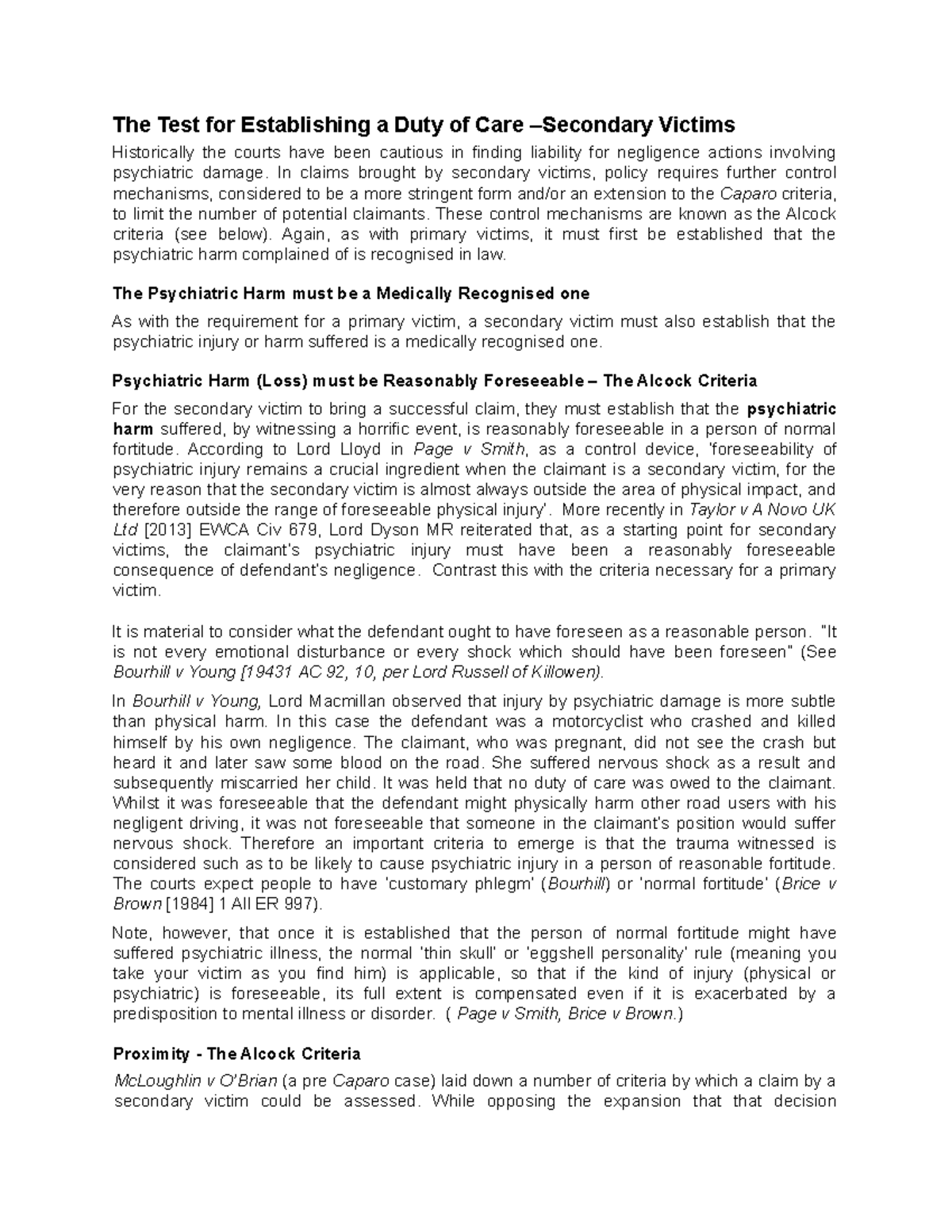 Nervous Shock Secondary Victims - The Test for Establishing a Duty of ...