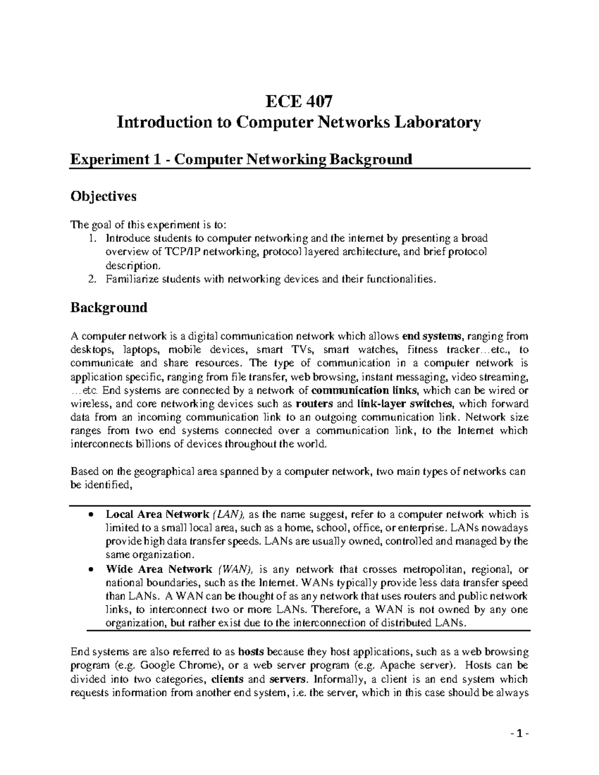 Experiment 1 - Computer Networking Background - ECE 407 Introduction to ...