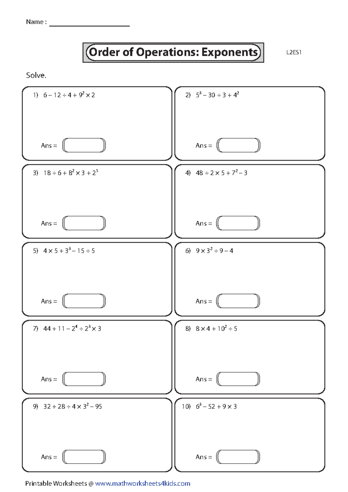 Dmas exponents level 2 easy1 - Name : Printable Worksheets ...