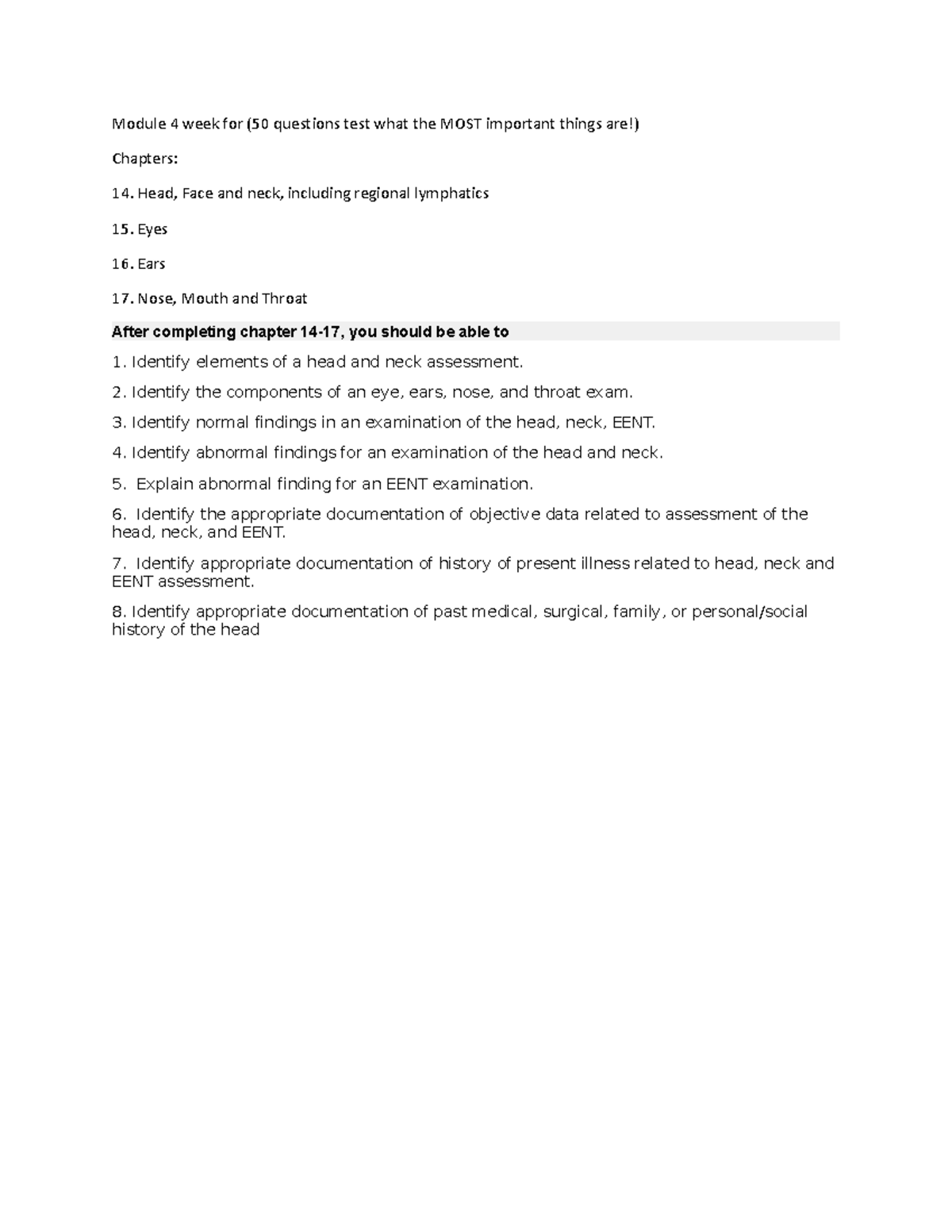 Test 1 Health Aseesment - Module 4 week for (50 questions test what the ...