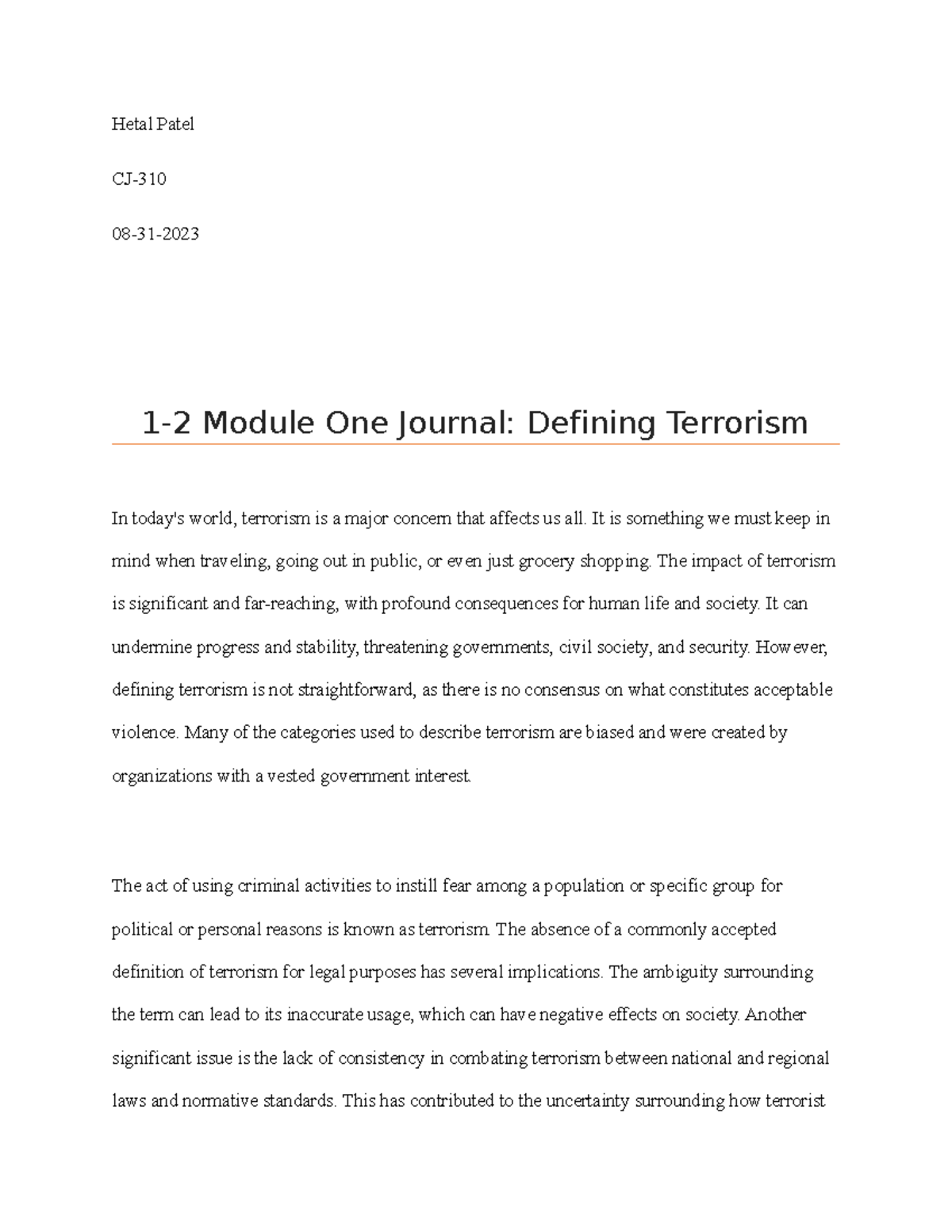1-2 Journal- Defining Terrorism - Hetal Patel CJ- 08-31- 1-2 Module One ...