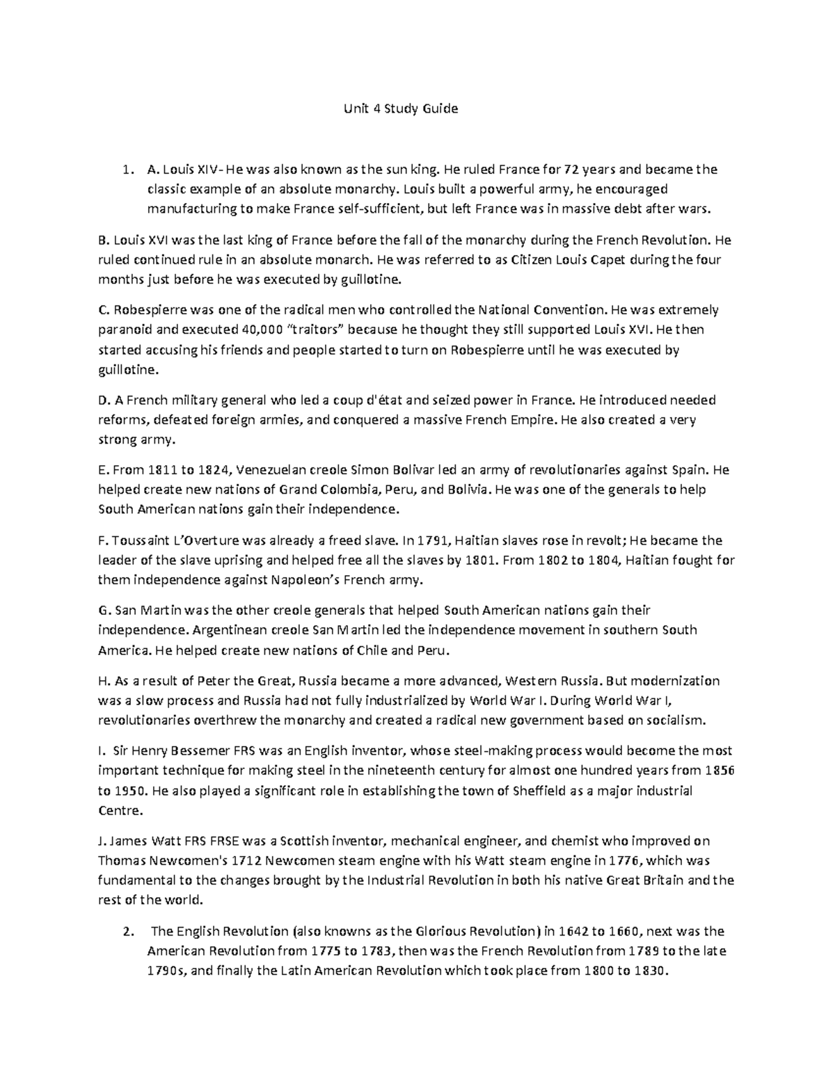 Unit 4 Study Guide - Practice questions and give answers. - Unit 4 ...