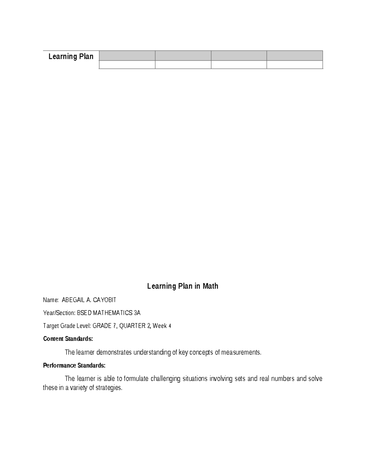 Learning-Plan-Format - Learning Plan Learning Plan in Math Name ...